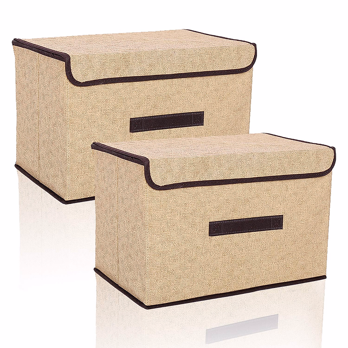 Fabric storage boxes and storage boxes, with handles and flip design, large foldable boxes, used to store books, clothes, toys, family bedroom closets, office storage bags. (2 pieces in beige)