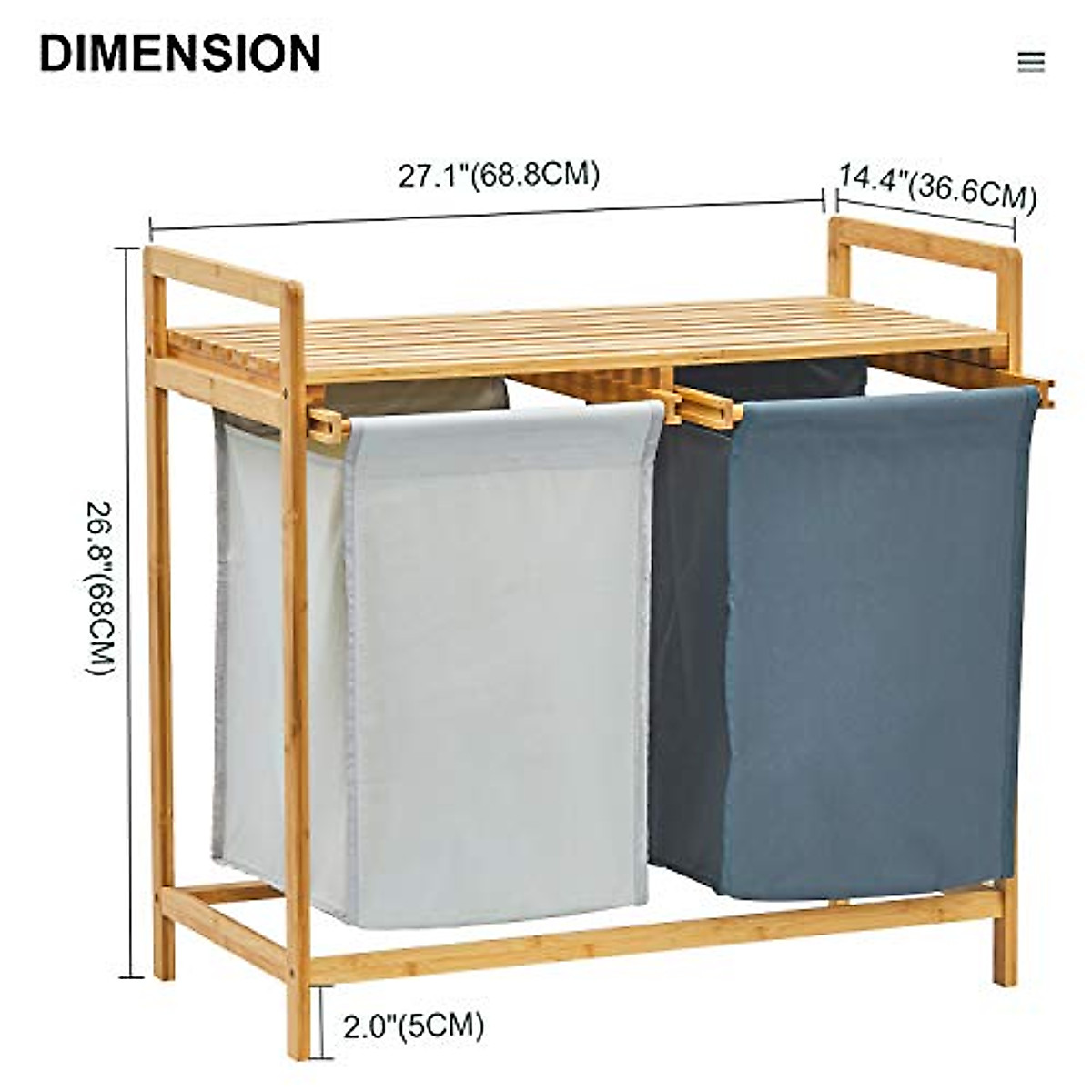 WORTHYEAH Bamboo Laundry Hamper and Shelf, Dual Compartments Laundry Basket with Removable Bag, 2 Sections Laundry Organizer and Storage, Wooden Bamboo Laundry Sorter