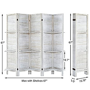 AMBITION LAND Room Divider, Privacy Screen, Room Dividers and Folding Privacy Screens Room Divider Wall Panels Room Divider with Shelves, 5 Panel White