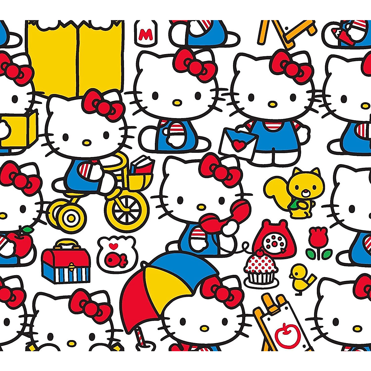 45" Wide Cotton Hello Kitty at Play Rorry Books Telephones Bicycles Painting