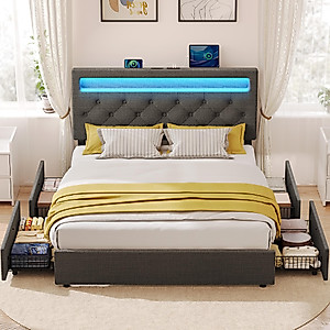 Rolanstar Full Size Bed Frame with Charging Station and LED Lights, Upholstered Bed with Adjustable Headboard and 4 Storage Drawers, No Box Spring Needed, Easy Assembly, Dark Gray