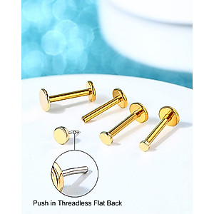 Melighting 14K Gold Threadless Earrings 16G Gold Flat Back Earrings Tiny Flat Disc Threadless Push in Labret Stud Gold Tragus Piercing Jewelry for Women Conch Helix Stud