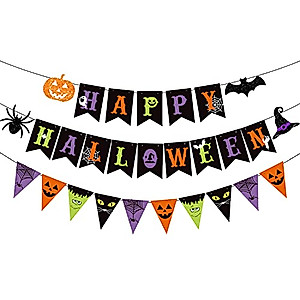 JKQ Colorful Happy Halloween Banner and Halloween Pattern Pennant Banner Halloween Paper Bunting Banner with Pumpkin Spider Bat Witch Hat Signs Halloween Haunted House Party Decorations for Wall