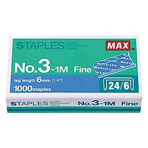 MAX No.3-1M Flat Clinch Staples (24/6) for Office Stapler - 4 Boxes (4,000-Staples)