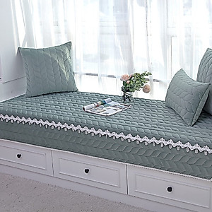 CAMAL Bay Window Seat Cushions Indoor, Crystal Velvet Window Seat Cushions Indoor, Farmhouse Style/Wheat Texture/Elegant Lace, Non-Slip Window Sill Mat for Bedroom Living Room