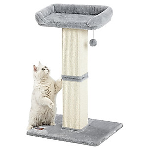 Karolpar 32" Cat Scratching Post for Indoor Cats, Sisal Cat Scratcher with Plush Perch, Large Scratch Post with Bed, Removable Cover, Sisal Fabric,Light Grey