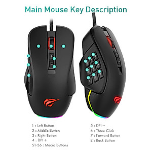 Havit Gaming Mouse Computer Ergonomic Wired Mice with 14 Programmable Buttons Interchangeable Side Plates (8 Buttons/ 8+6 Side Buttons), 2 Replaceable Right Plates for Laptop PC Gamer (Renewed)