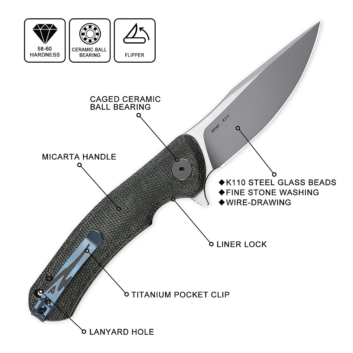 Petrified fish K110 Steel 949 Folding Knife G10 Handle Ceramic Ball bearings Camping Hunting Knives EDC tool (Green Flax)