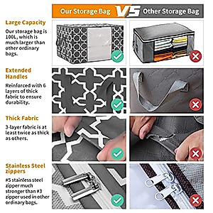GhvyenntteS Clothes Storage Bag 3 Pack Large Capacity Organizer with Reinforced Handle Thick Fabric for Blankets, Sweater , Foldable Comforter Storage Bags with Sturdy Zipper & Clear Window, 100L, Grey