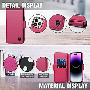 WenBelle for iPhone 14 Pro Max(6.7 inch), 2-in-1 Magnetic Detachable TPU Shockproof Genuine Leather Wallet Case,RFID Blocking Protection,Viewing Stand and Card Slots Flip Cases (Rose Red)