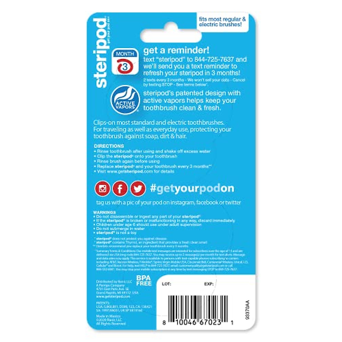 Steripod Clip-On Toothbrush Protector, Keeps Toothbrush Fresh and Clean, Fits Most Manual and Electric Toothbrushes, Pink and Blue, 2 Count (Pack of 1)