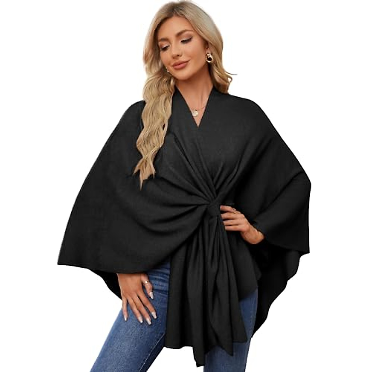 PULI Women's Elegant Shawl Wraps Soft Open Front Poncho Sweater for Spring Fall Winter Black