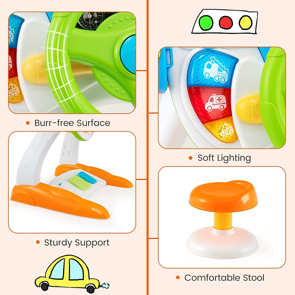 HONEY JOY Steering Wheels Toys for Toddler Boys Girls, Pretend Play Learning Driver Toy Cars for Preschool Baby, Lights & Music, Interphone, Pedal, My First Driving Educational Musical Toy w/Stool