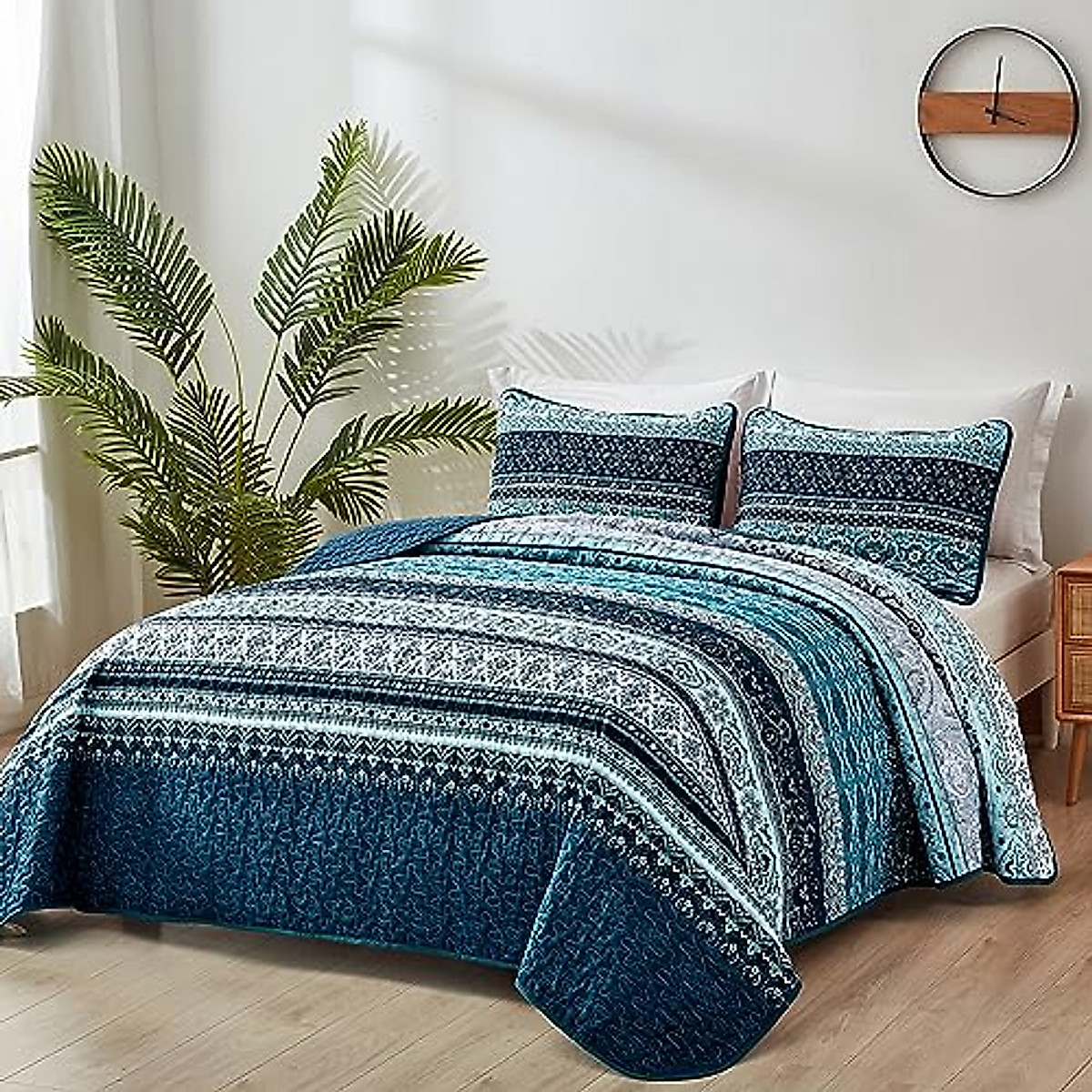 WONGS BEDDING Boho King Quilt Set, Blue Bohemian King Quilt Bedding Set, Lightweight Microfiber Bed Decor Bedspread for All Season 103"x90"(3 Pieces)