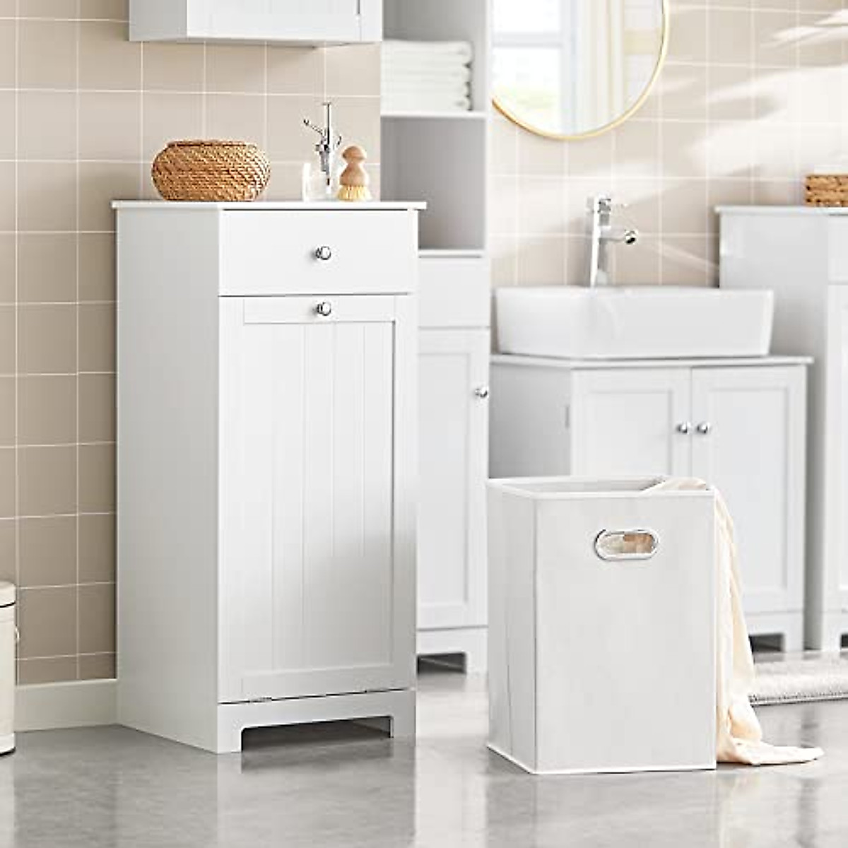 Haotian BZR21-W, White Bathroom Laundry Cabinet with Basket, Tilt-Out Laundry Hamper, Bathroom Storage Cabinet Unit with Drawer, 15.7"x15"x35.4"