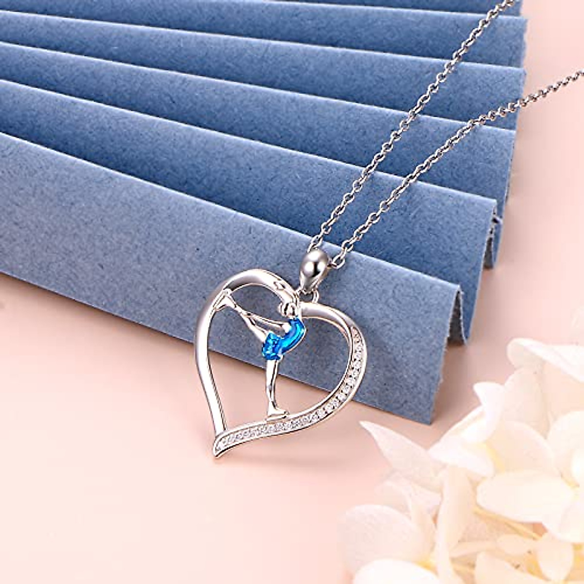DAOCHONG Figure Skater Necklace S925 Sterling Silver Ice Skating Sport Love Heart Charm Pendant Necklace Inspirational Jewelry Gifts for Women, Ice Skaters, Ice Skater's Mom, Coach and Fans