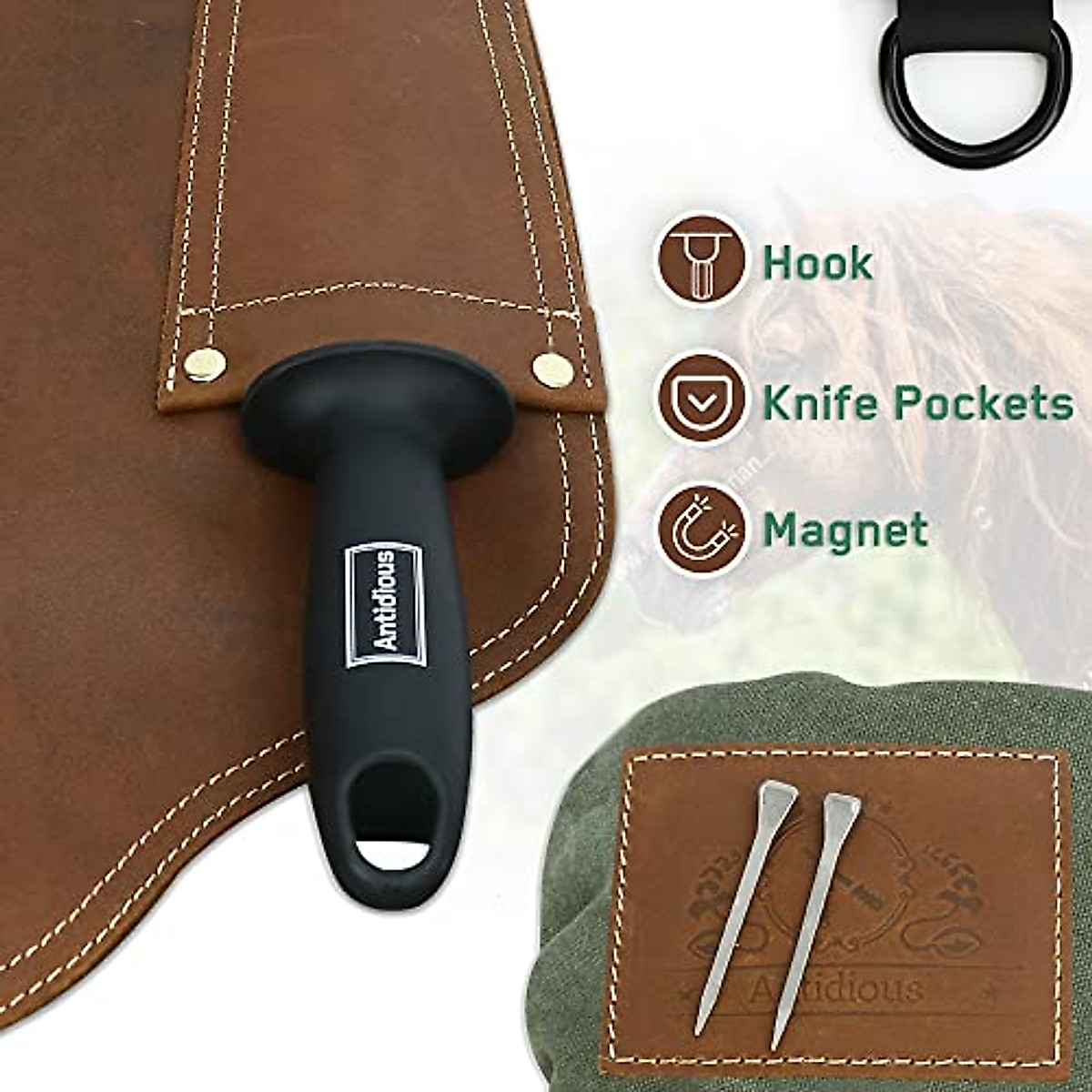 Antidious Professional Farrier Chaps Leather Farrier Apron with Adjustable Belt and Knees Straps Hoof Trimming, 2 Pockets and Extra Hook for Storage, Suitable for 28’’~55’’ Waistline