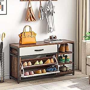 Tribesigns Flip Drawer Shoe Storage Bench, Hidden Shoe Cabinet with Drawer and 4 Tiers Shelves, 4 in 1 Tipping Bucket Shoe Storage Rack for Entryway, Hallway, Living Room, Rustic Brown & White