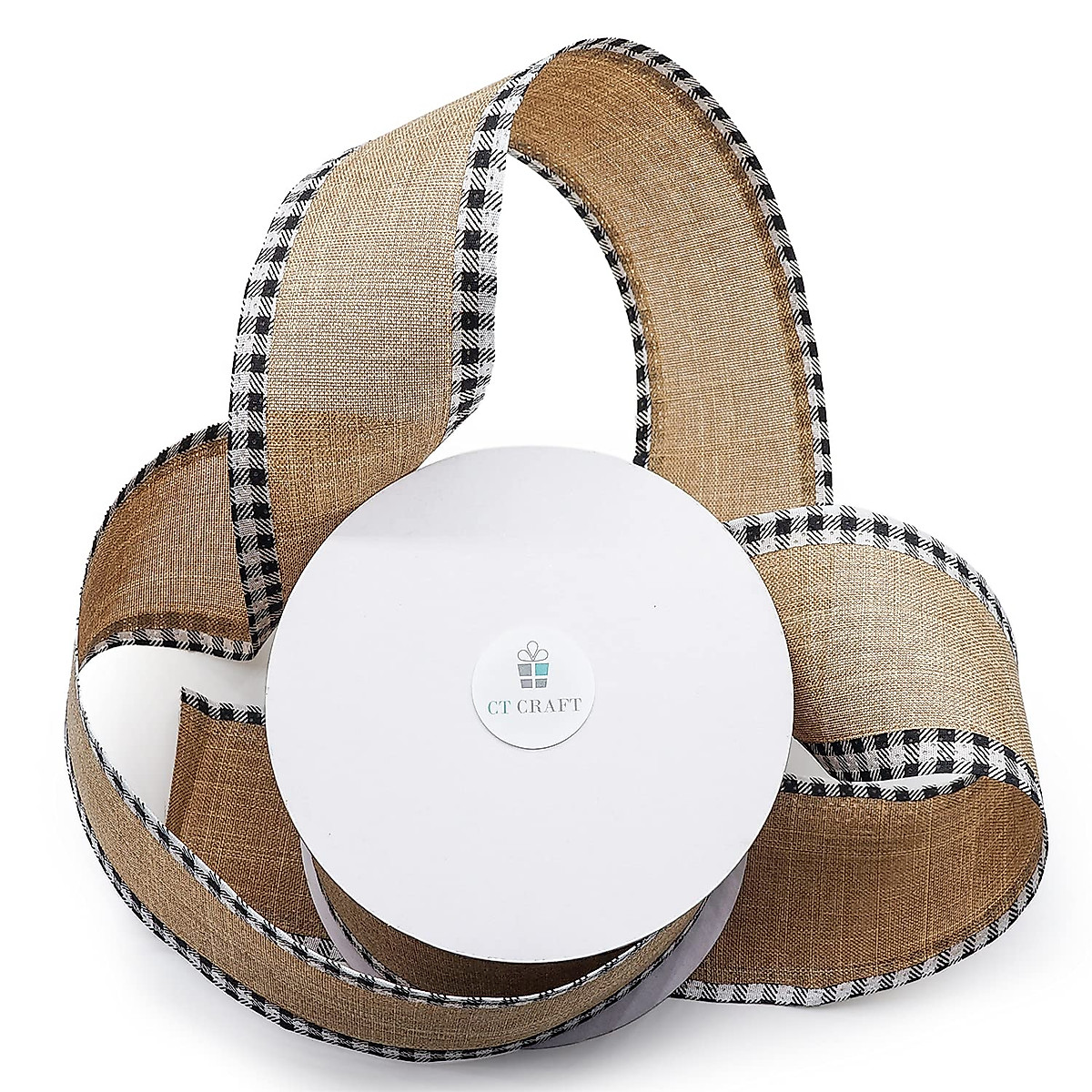 CT CRAFT LLC Burlap Plaid Buffalo Checkered Edge Wired Ribbon, 2.5" x 20 Yards x 1 Roll - Black with White, for Christmas, Home Decor, Gift Wrapping, Tree Topper Bow, Wreath, DIY Crafts