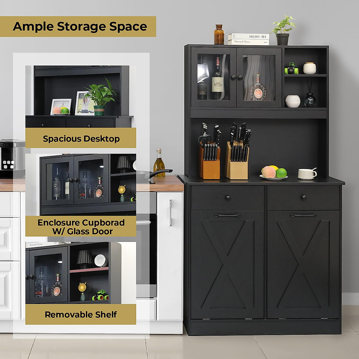 Arlopu Dual Tilt Out Trash&Storage Cabinet, Kitchen Sideboard Cupboard W/Pet Proof 10X2 Gal Hidden Garbage Holder, Freestand Laundry Sort Cabinet, W/Drawer, Shelves,Barn Door (Black)
