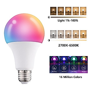 MINGHYZYA Smart Color Changing Light Bulbs, Bluetooth A19 E27 RGBWW LED Light Bulb, 16 Million DIY Colors, Warm White 6500K, 10W(70W Equivalent) 800LM LED Light Bulb (1 Pack)