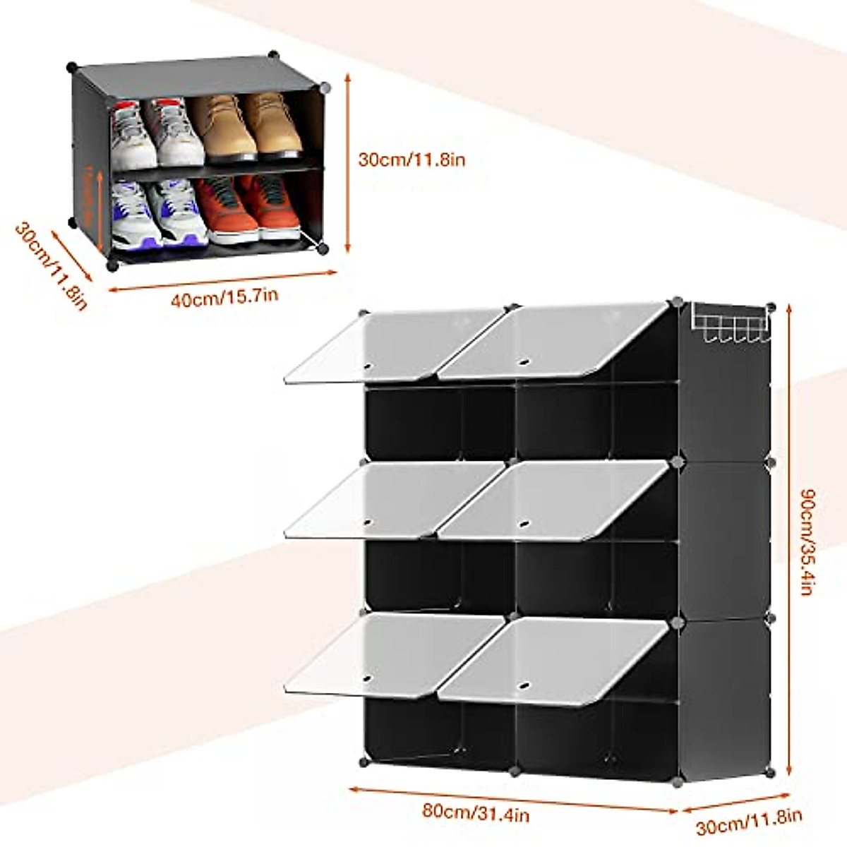 Shoe Rack Organizer, 6 Tier Shoe Storage Cabinet with Doors for Closet, Stackable 24 Pair Plastic Shoe Shelves Organizer,Expandable Free Standing Shoe Rack for Entryway Bedroom Hallway