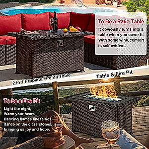 Vicluke 44in Porpane Fire Pit Table, Gas Fire Table for Outside with CSA Certification, 50,000 BTU Auto-Ignition Aluminum Propane Fire Pit with Lid, Cover, Glass Beads（Brown）