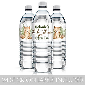 DISTINCTIVS Personalized Woodland Bear Baby Shower Water Bottle Labels - Customizable Waterproof Wrappers - 24 Stickers