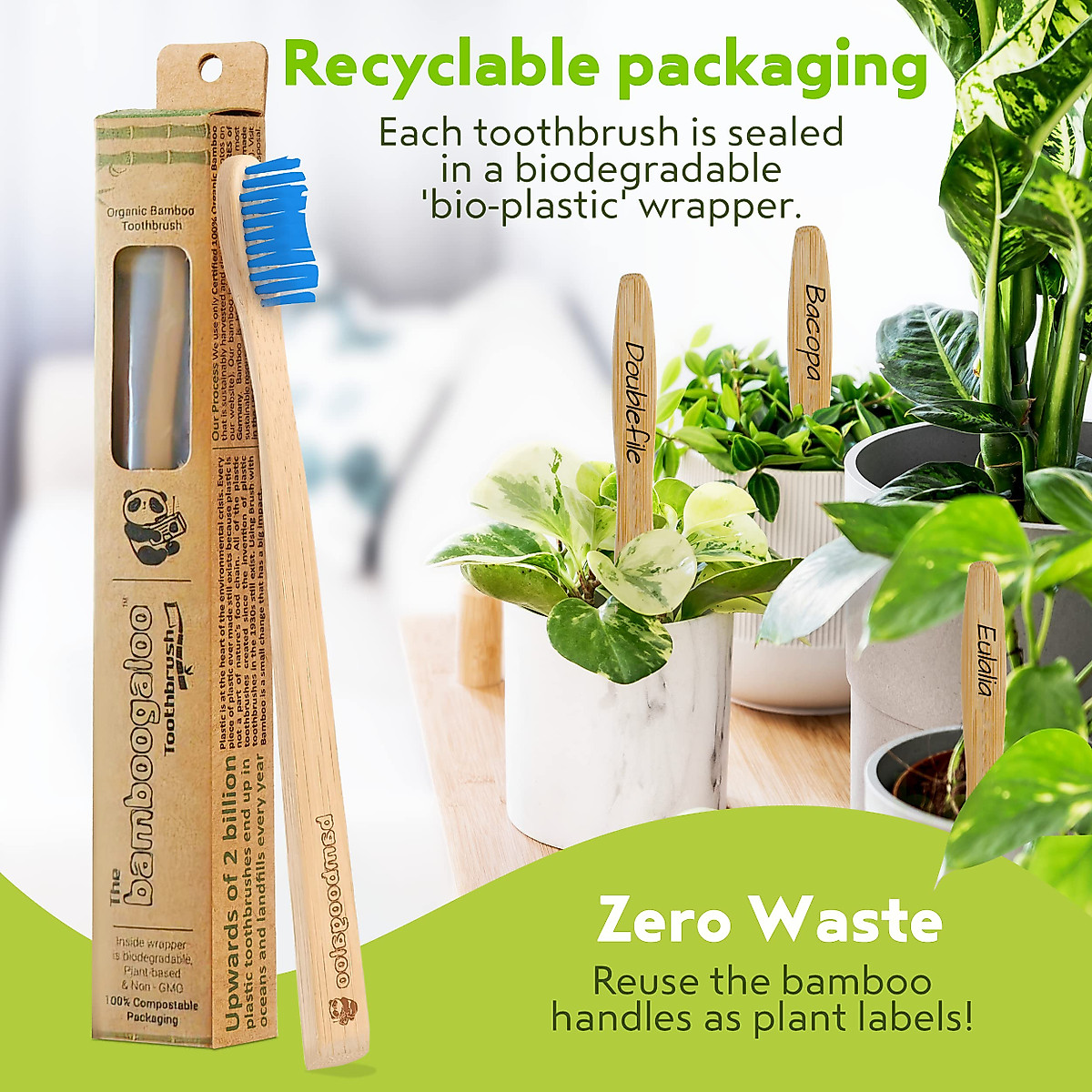 Bamboo Toothbrushes Pack of 5 - Cotton Buds & Dental Floss Included - Organic & 100% Biodegradable - Medium Firm Bristles, Plastic-Free Packaging