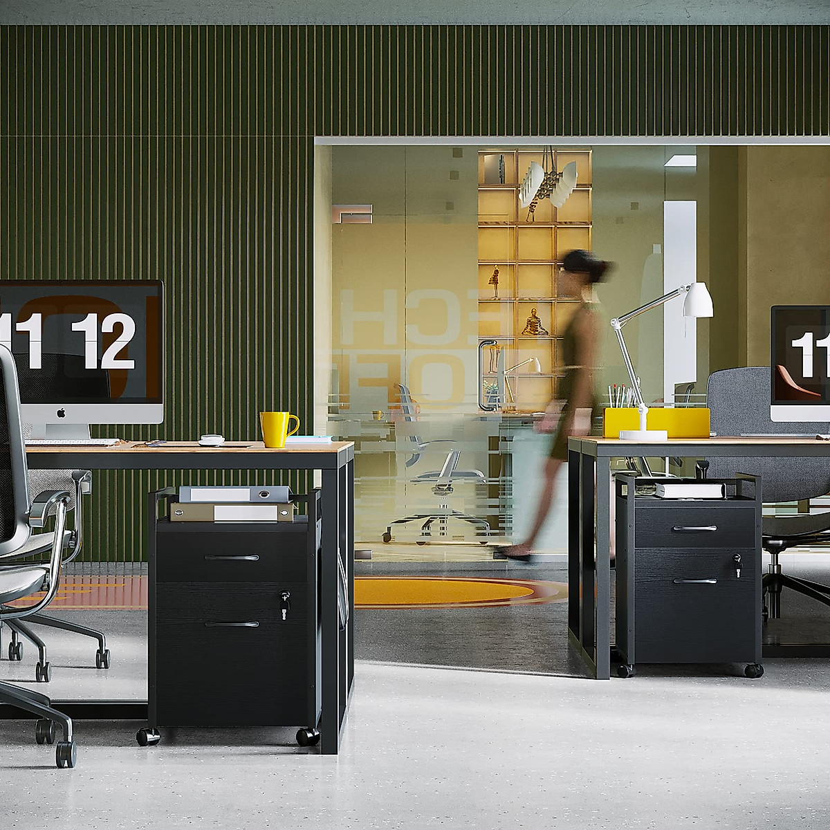 ODK File Cabinet with 2 Drawers, Mobile Office Cabinet with Lock on Wheels, Rolling Office Printer Stand Filing Cabinet for A4, Letter Sized Document with Iron Hook, Black