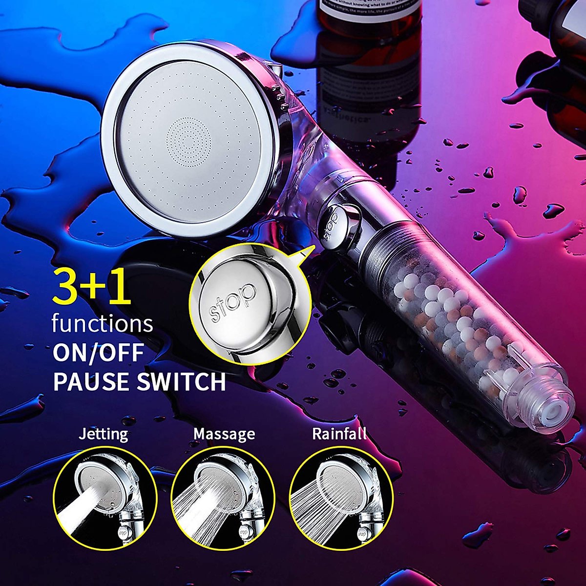 KAIYING Filtered Shower Head with Pausing Switch, High Pressure Hand Held Detachable and Removable Filter Showerhead with 5Ft Hose, Adjustable Angle Bracket (Transparent)