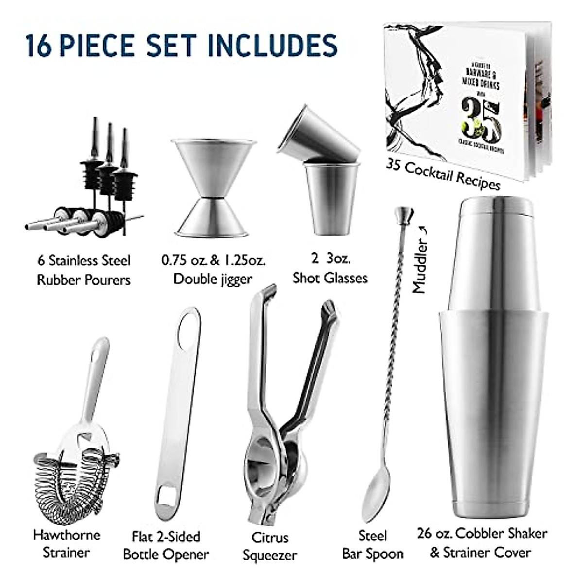 Bar Set Cocktail Shaker Set, Stainless Steel Mixology Bartender Kit, 16 Piece Cocktail Kit, Silver Cocktail Set, Bar Tools: 30oz Martini Shaker, Muddler, Bar Kit Cocktail Book, Jigger and Pourers