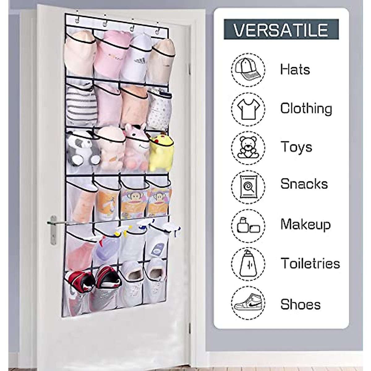 Over The Door Shoe Rack with 24 Large Mesh Pockets, Back of Door Organizer Hanging Bag for Closet Entryway Bedroom Bathroom Pantry Hanging Holder for Hats Sneakers High Heeled Shoes flip flops, White