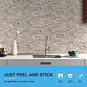V-MOZZA Peel and Stick Stone Tile, 5-Sheet Peel and Stick Stone Mosaic Backsplash 11.5" x 10.7" 3D Marble Look Backsplash Tiles for Kitchen Fireplace (Mixed Tan)