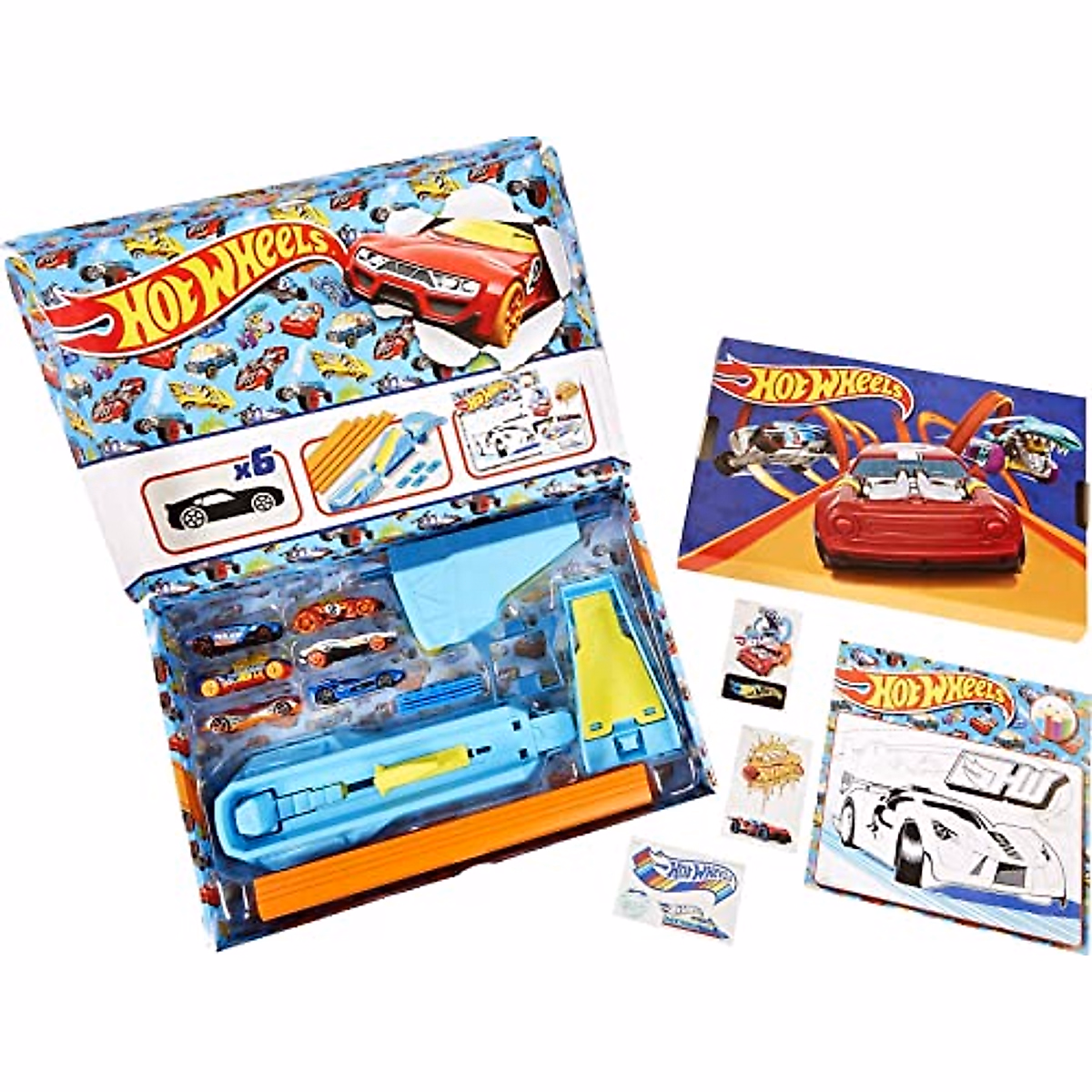 Hot Wheels HW Celebration Box Complete Starter Set with 6 1:64 Scale Cars, Track, Connectors, 4-Speed Launcher, Ramps, Activity Page & Stickers, Gift for Kids 4 Years Old & Up