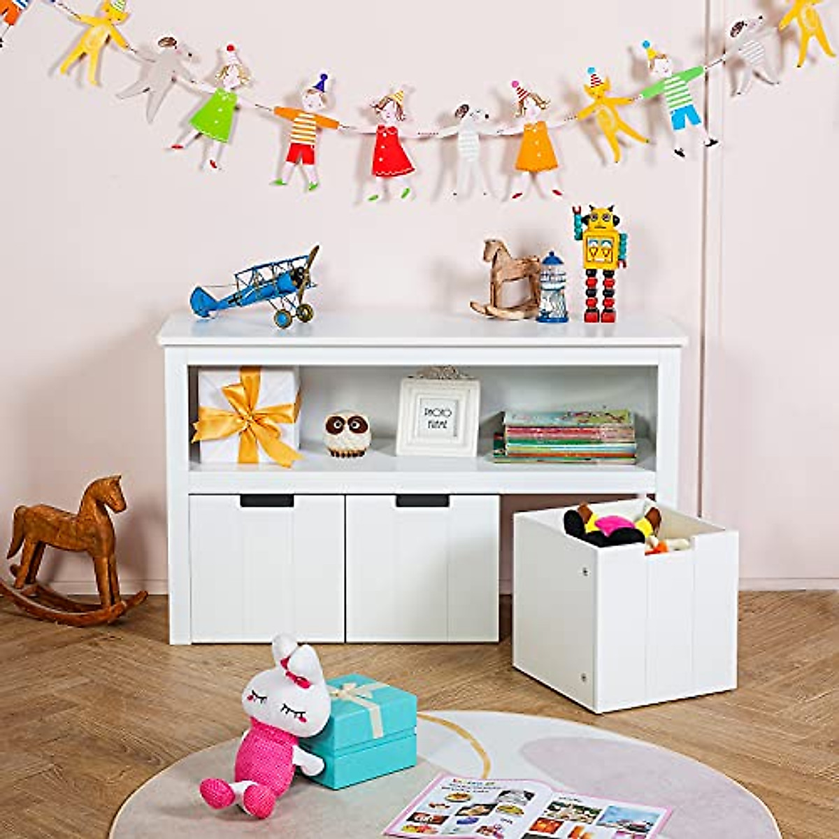 ZENODDLY Kids Toy Storage Organizer for Kids Room Organizers and Storage - 3 Drawers with Hidden Wheels, Multifunctional Wooden Kids' Bookcases, Cabinets & Shelves for Playroom Storage, White