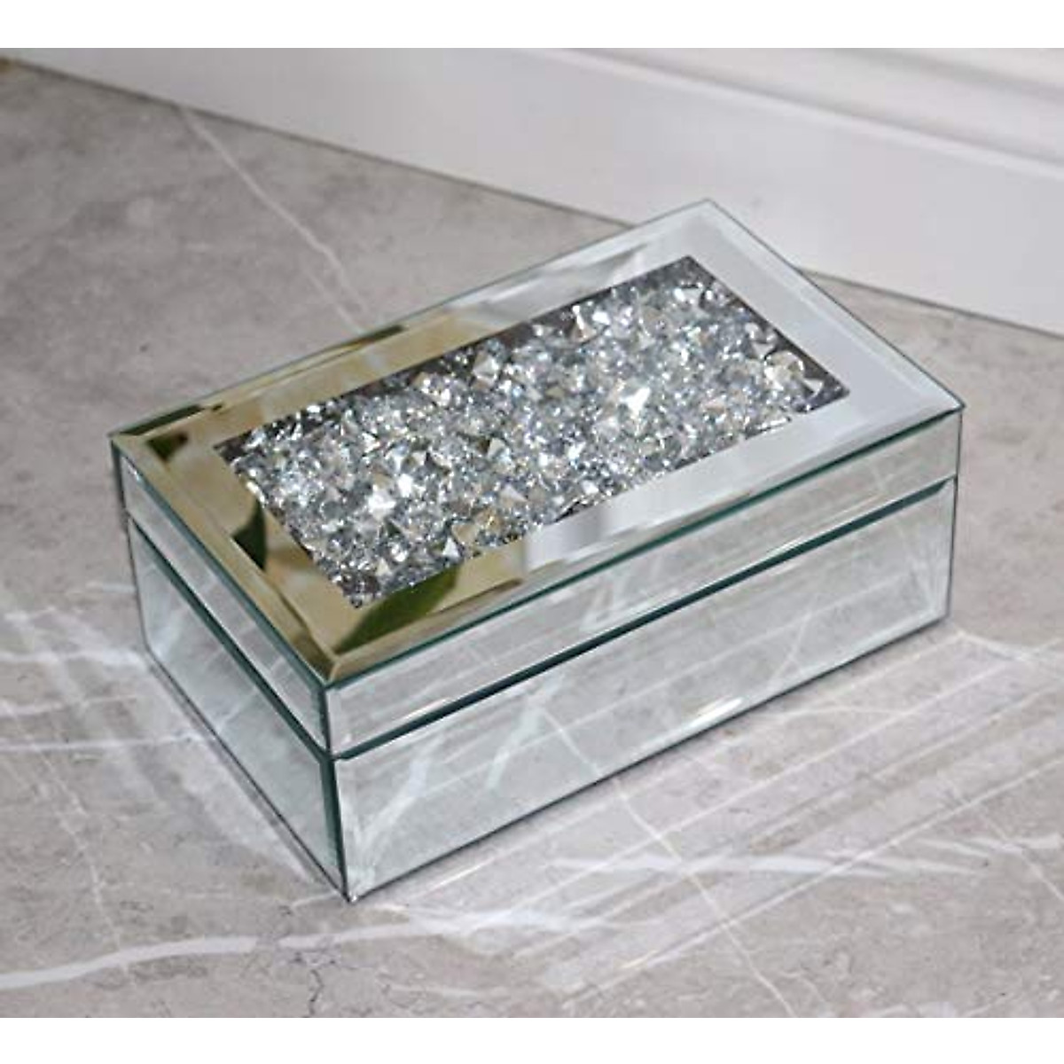 Qmdecor Luxury Silver Crushed Diamond Glass Mirrored Jewelry Box Organizer Storage Jewelry Box For Women