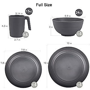 Shopwithgreen Plastic Dinnerware Sets (16PCS) - Lightweight & Unbreakable Dinnerware Set - Microwave Safe Plates Set, Bowls, Cups Mugs, Service for 4, Great for Kids & Adult (Grey)