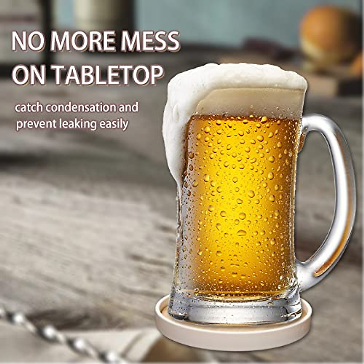 Senstap Wooden Coasters for Drinks Coffee Table, Round Drink Coasters with Holder, Set of 5 Cup Mat for Tabletop Protection, Cup Coaster with Lip 4-inch, White