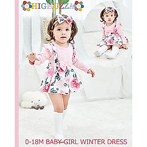 HIGHUZZA Baby Girl Clothes Newborn Dress Infant Romper Outfits Jumpsuit Clothing Suspender Headband Overall Skirt Set Winter Fall 0-3 Month Pink