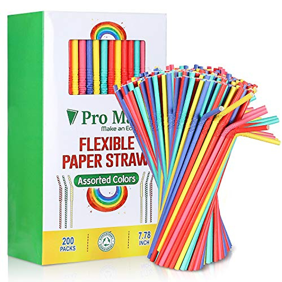 Pro Mael 200-Pack Paper Drinking Straws Biodegradable, Flexible Straws Bulk for Juices, Shakes, Smoothies - Disposable& Eco-Friendly Straw for Birthdays, Weddings & Party (5 Colors)