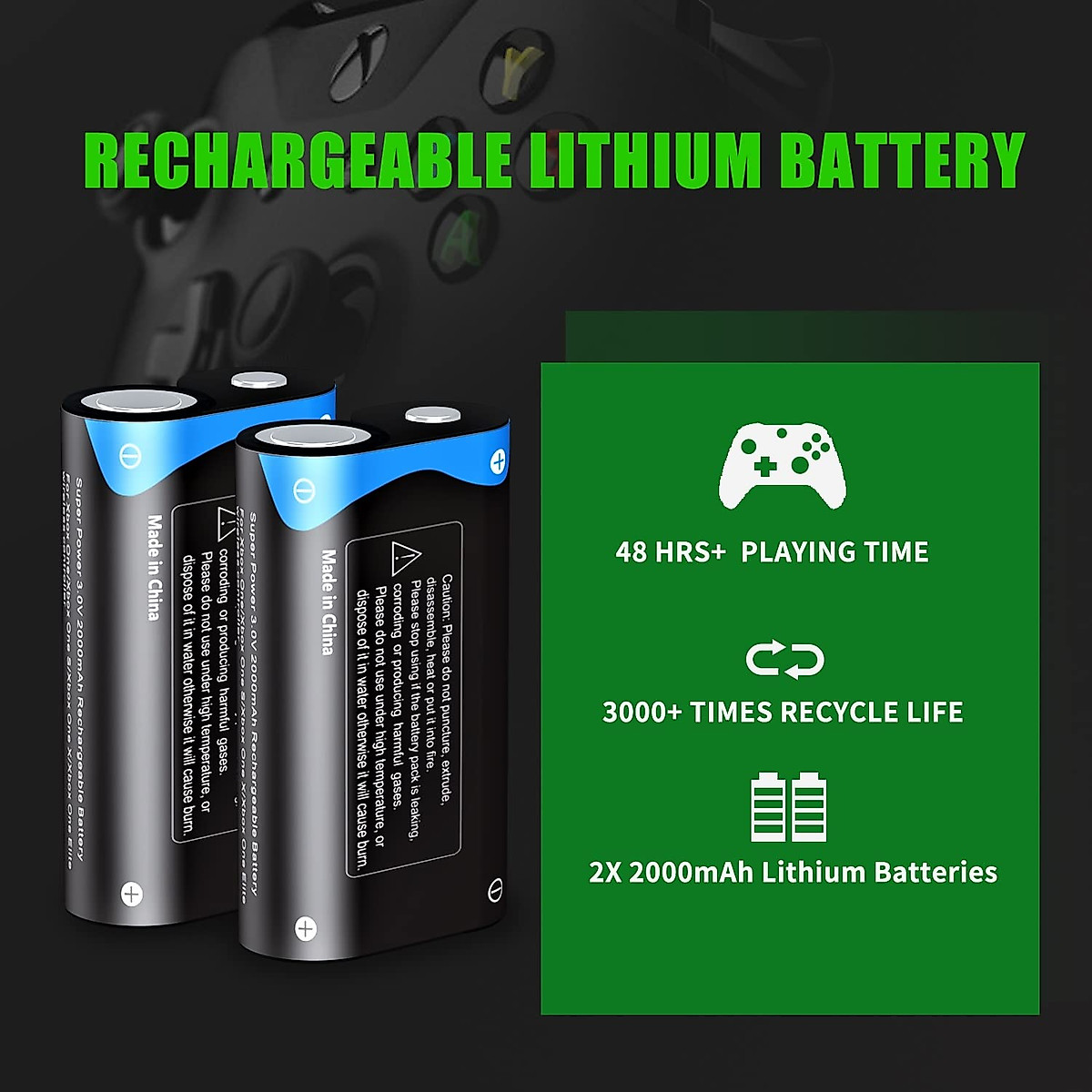 Lithium Rechargeable Xbox One Controller Battery Pack with Charger Compatible for Xbox Series X/S, Xbox One X/S Controller, 6000mWh High Capacity, 48Hrs Playing Time, 2H Fully Charged