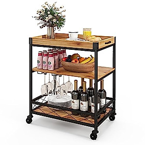IFANNY Bar Cart, 3 Tier Rolling Cart with Removable Tray and Glass Holder, Wood Coffee Cart on Wheels, Small Kitchen Storage Islands & Carts, Serving Cart for Dining Room, Restaurant, Hotel