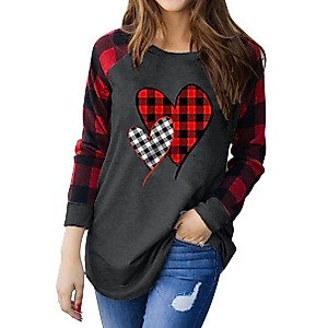 MHTOR Valentine's Day Shirt Women Buffalo Plaid Love Heart Graphic Tees Letter Print Long Sleeve Tops Shirts (Grey, X-Large)