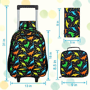 ZLYERT 3Pcs Dinosaur Rolling Backpack for Boys, Kids School Backpacks with Wheels, Roller Bookbag with Lunch Box for Elementary Preschool(Black)