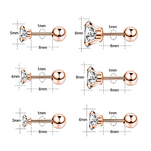ZS 6 Pairs Shiny Round Cubic Zirconia Surgical Steel Stud Earrings Tragus Helix Conch Piercing Cartilage Sets (6 Pairs.3-8mm Cubic（Rose-gold,Ball Back）)