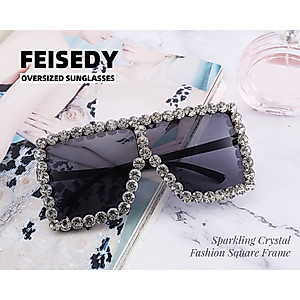 FEISEDY Oversized Sparkling Crystal Sunglasses Disco Diamond Flat Top Fashion Square Large Shades B2782