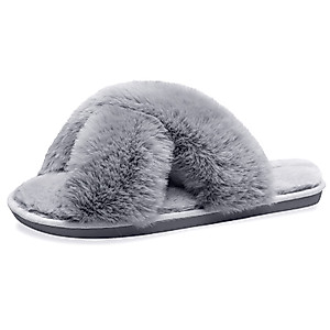 JIASUQI Cross Band Indoor House Slippers for Women Soft Plush Furry Cozy Fur House Shoes Outdoor Warm Slippers for Winter Spring Grey 10-11