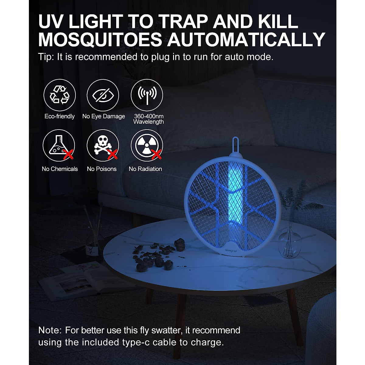 MOSQZAP Electric Fly Swatter 2 Pack, Foldable Bug Zapper Racket USB Rechargeable Fly Zapper Mosquito Zapper Racket w/Hands-Free & Handhold Modes, Outdoor/Indoor Killer for Flies, 3,500 Volt