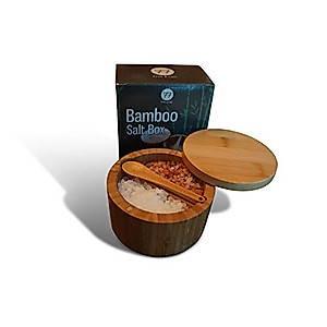 Bamboo Salt and Pepper Box with Magnetic Swivel Lid and Built-in Serving Spoon For Kitchen | Decorative Bath Salt Containers | Wooden Salt Box has Dual 5 Ounce Capacity | Salt Cellar for Counter